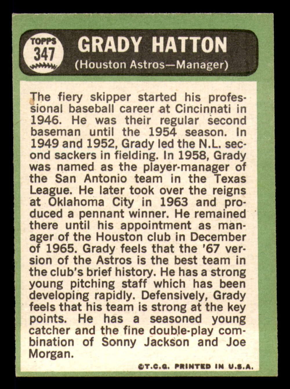 1967 Topps #347 Grady Hatton MG Ex-Mint Astros MG ID:315887 ...