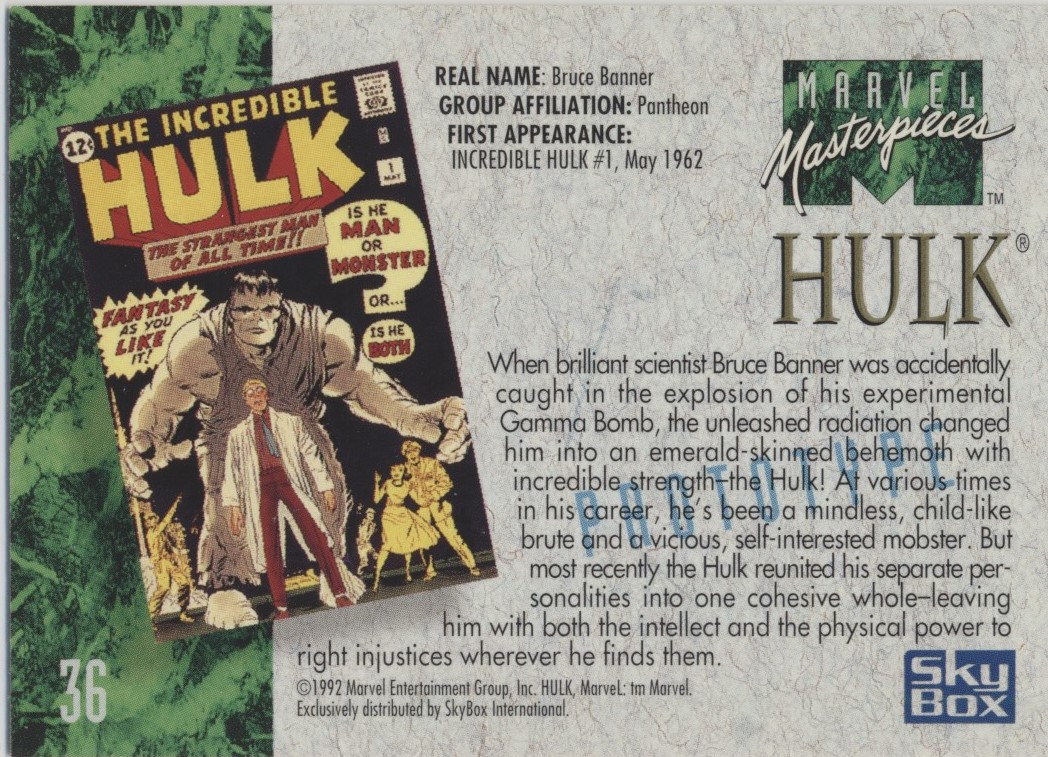 1992 Skybox Marvel Masterpieces Prototype #36 The Hulk