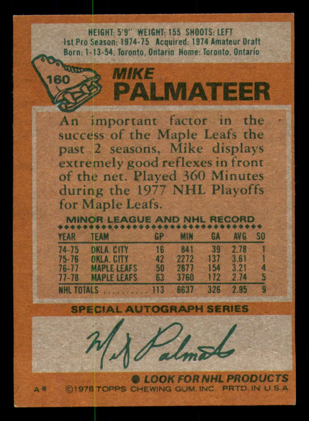 1978-79 Topps #160 Mike Palmateer Ex-Mint ID: 366607 - Scottsdale Cards ...