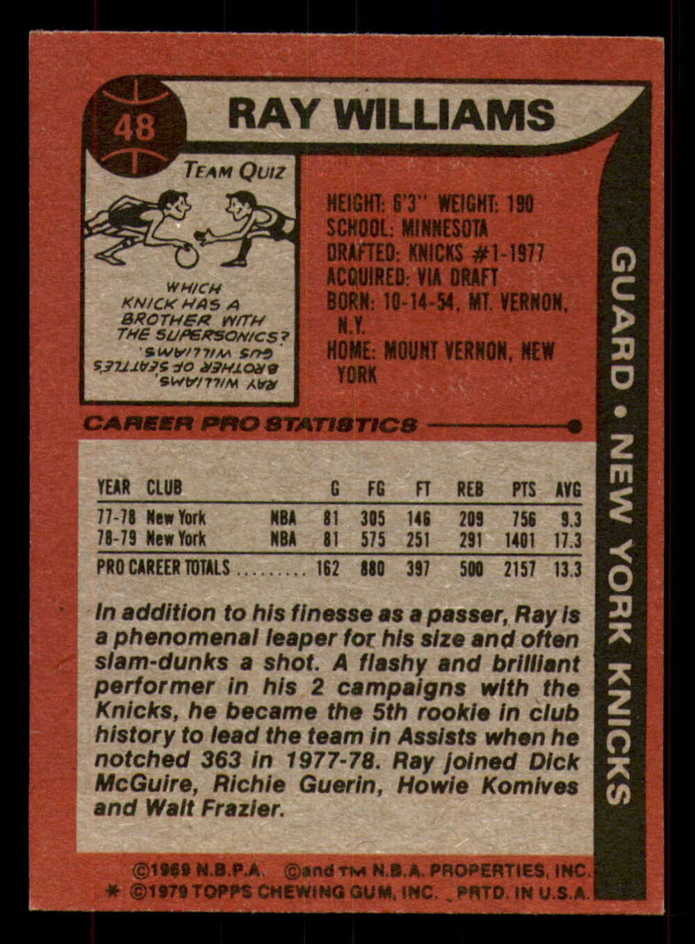 1979-80 Topps #48 Ray Williams Ex-Mint - Scottsdale Cards 2021