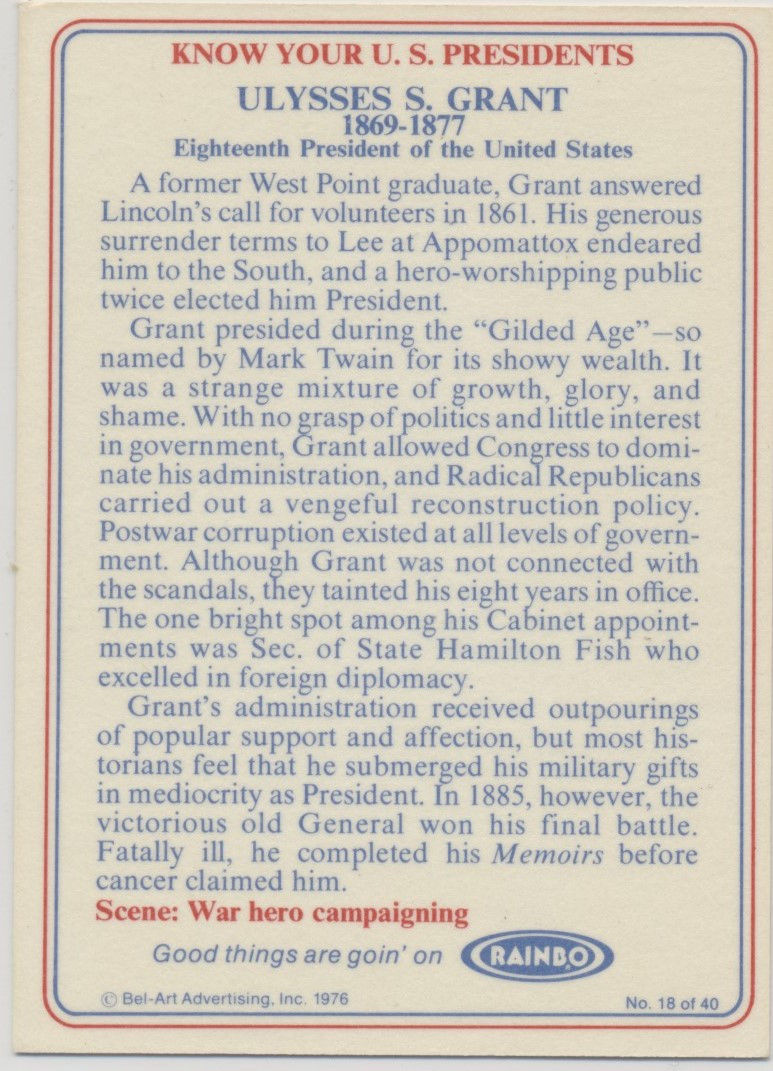 1984 Rainbo Bread Know Your Presidents #18 Ulysses S Grant #*sku35363