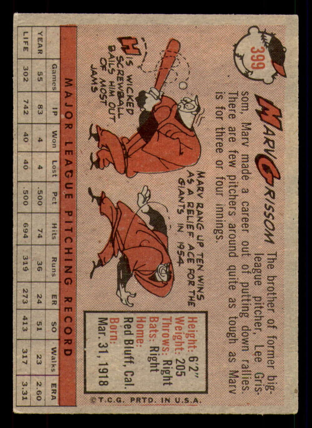 1958 Topps #399 Marv Grissom Excellent+ - Scottsdale Cards