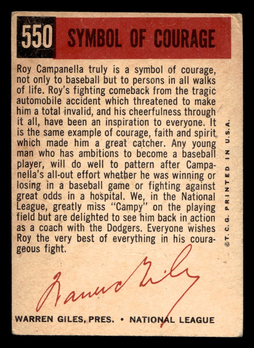 1959 Topps #550 Roy Campanella Symbol of Courage G-VG - Scottsdale ...