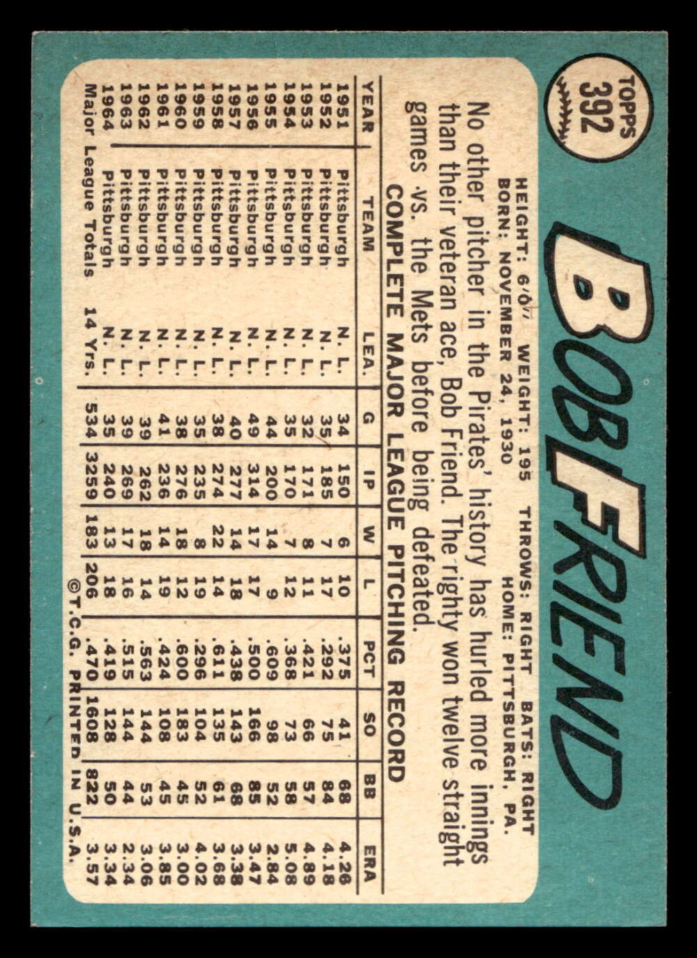 1965 Topps #392 Bob Friend Ex-Mint HIGH # ID: 438513 - Scottsdale Cards ...
