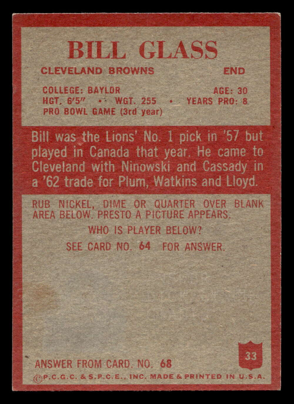 1965 Philadelphia #33 Bill Glass Ex-Mint - Scottsdale Cards