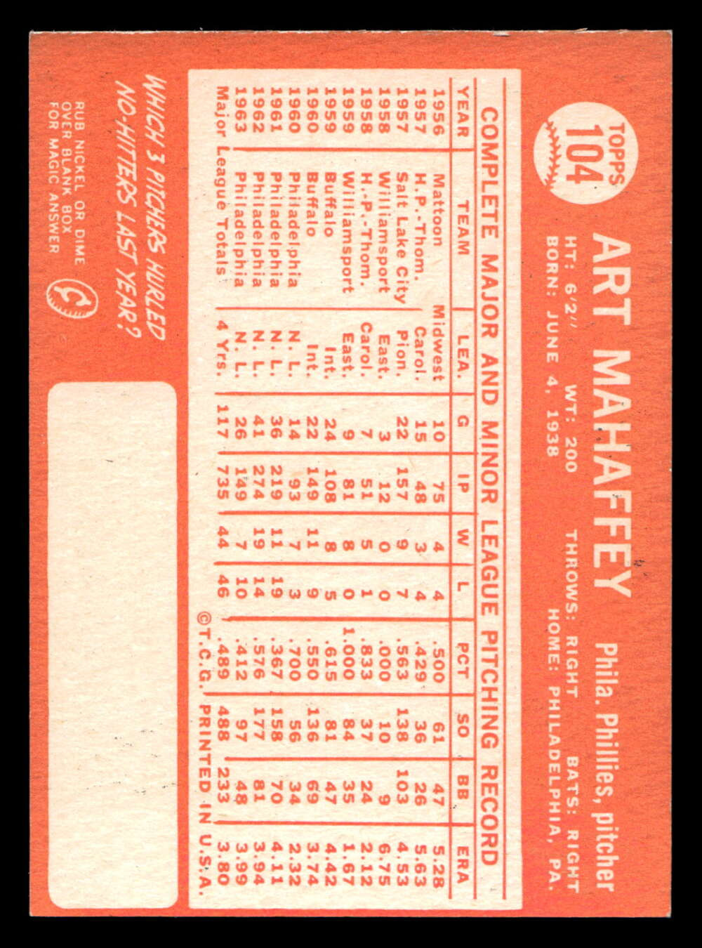 1964 Topps #104 Art Mahaffey Ex-Mint - Scottsdale Cards 2021