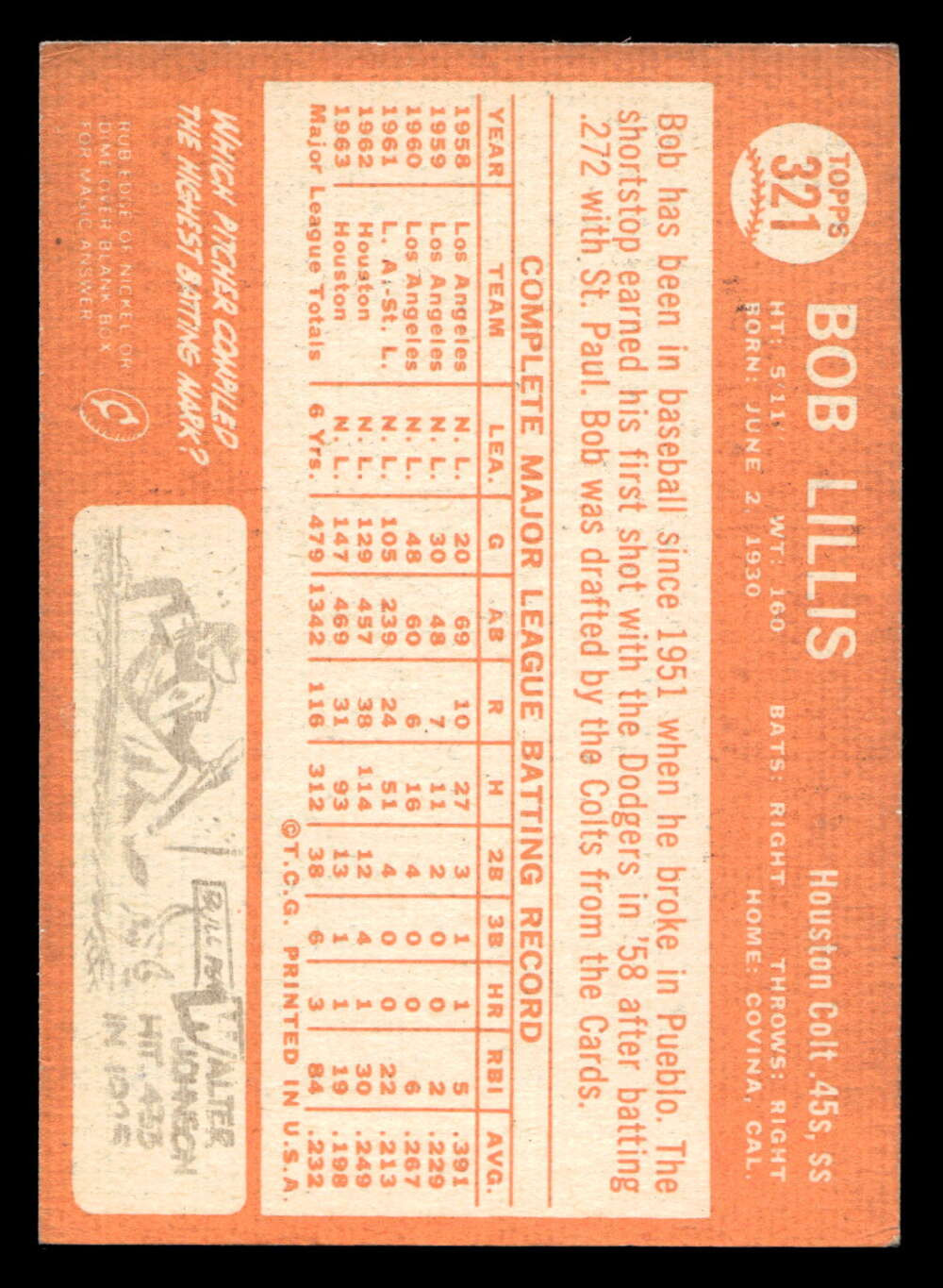 1964 Topps #321 Bob Lillis Ex-Mint ID: 455711 - Scottsdale Cards