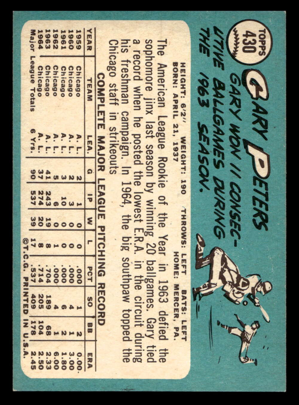 1965 Topps #430 Gary Peters Ex-Mint - Scottsdale Cards 2021