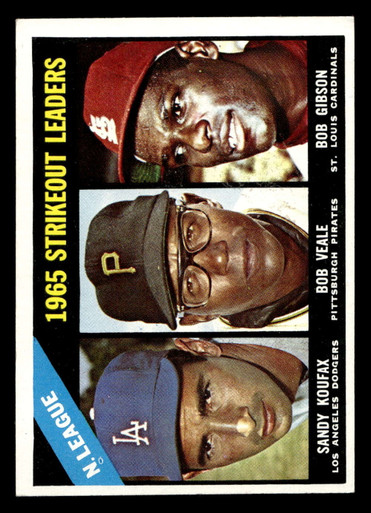 1966 Topps #225 Sandy Koufax/Bob Veale/Bob Gibson NL Strikeout Leaders ...