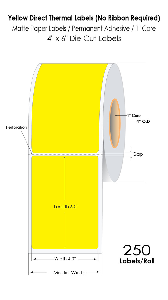 Desktop Yellow Direct Thermal 4" x 6" Labels 250/Roll - 1" Core | 4" OD