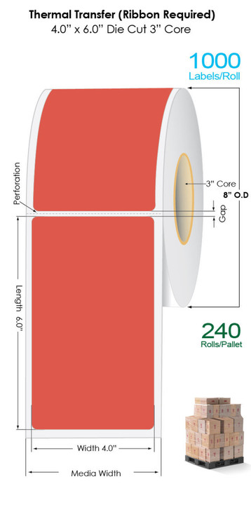 Thermal Transfer 4" x 6" RED Matte Paper Labels 1000/Roll - 3" Core | 8 ...