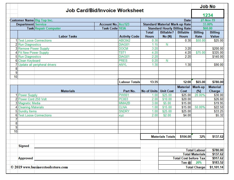 Excel Labor & Material Estimator + Job Card Template