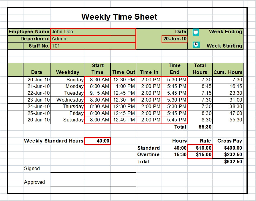 Excel Weekly Timesheet Template With Formulas Excel Weekly Timesheet Template With Formulas