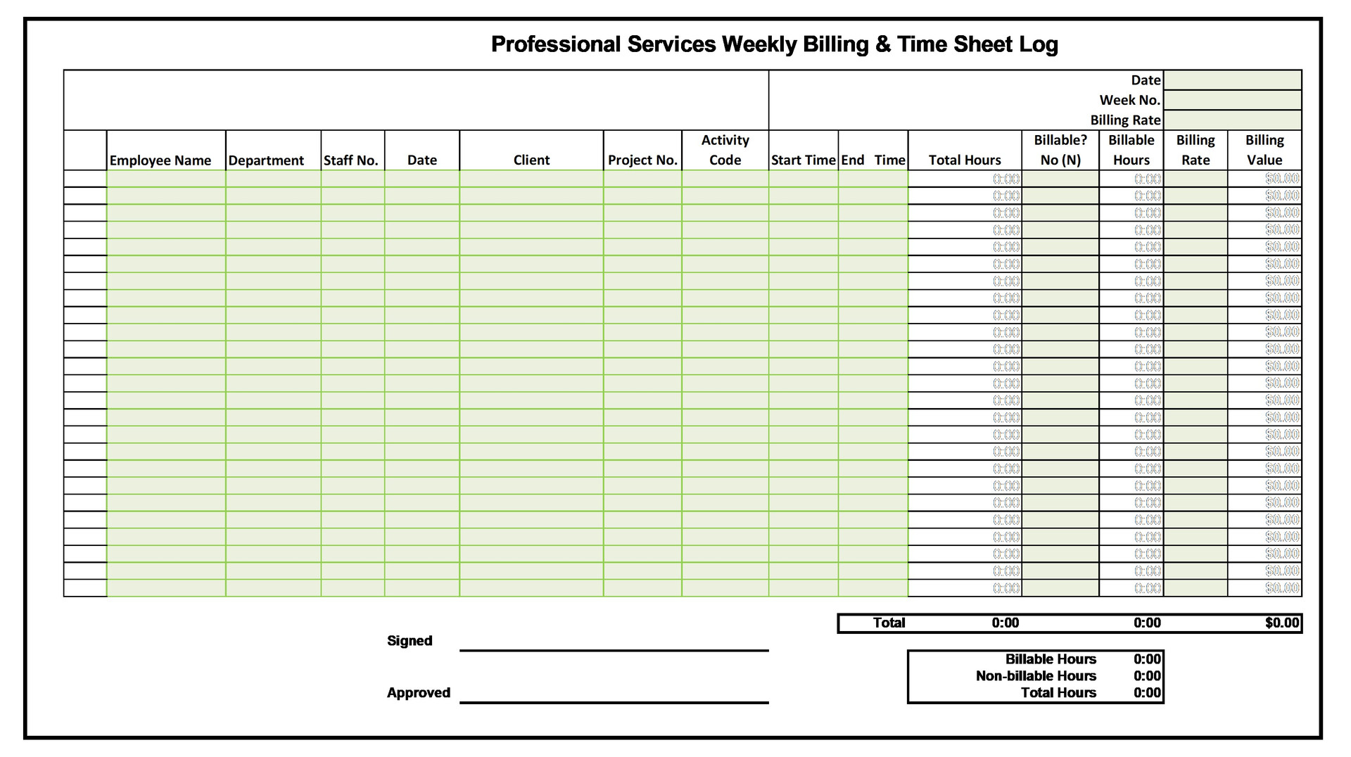 Professional Services Billing & Analysis Excel Timesheet Template