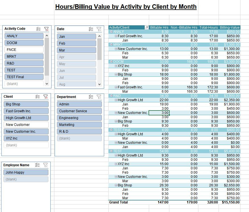 Professional Services Billing & Analysis Excel Timesheet Template