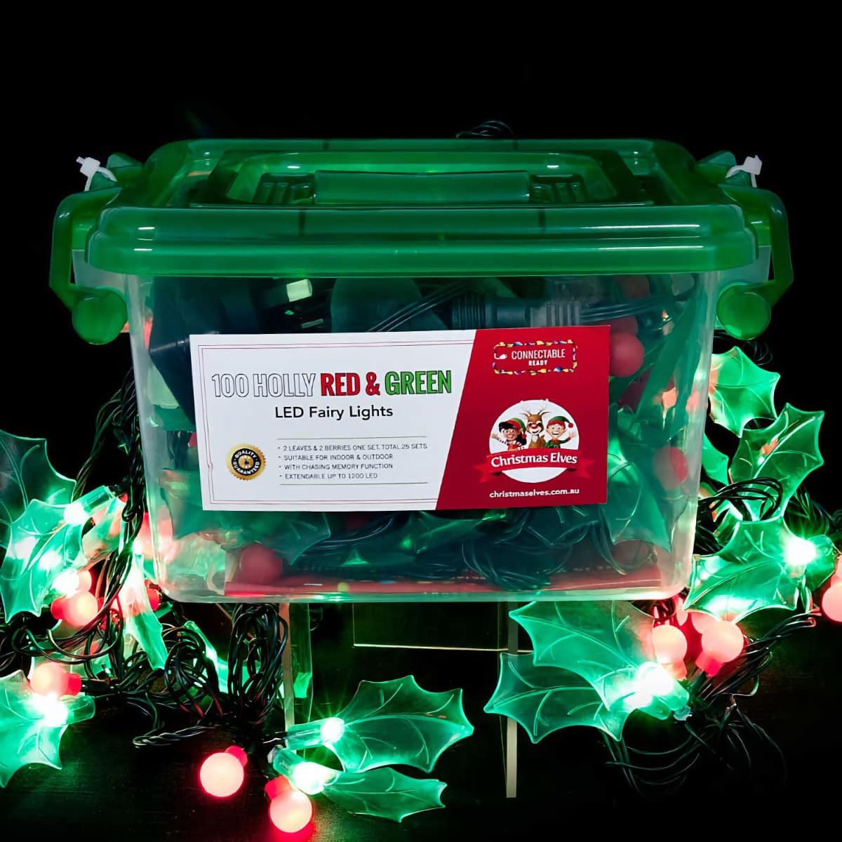 100 LED Connectable Holly Lights Red Green - Christmas Elves
