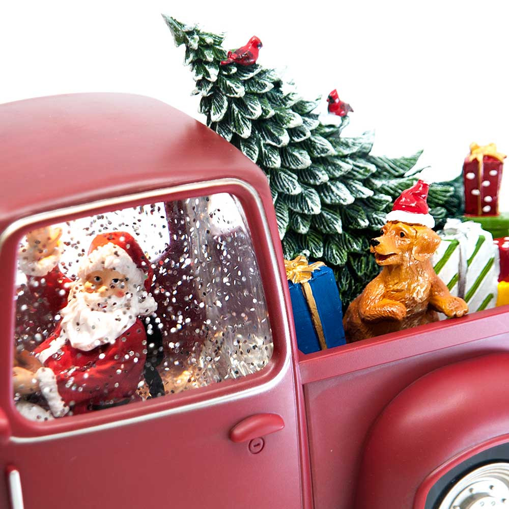 Santa in Red Pickup Ute with Tree Water Lantern - 28cm - Christmas Elves