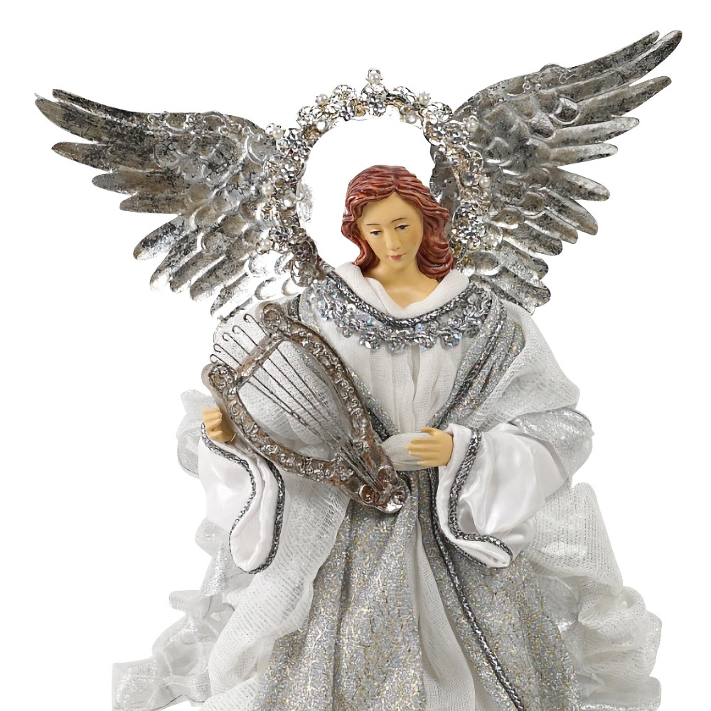White Silver Angel with Harp - 36cm - Christmas Elves