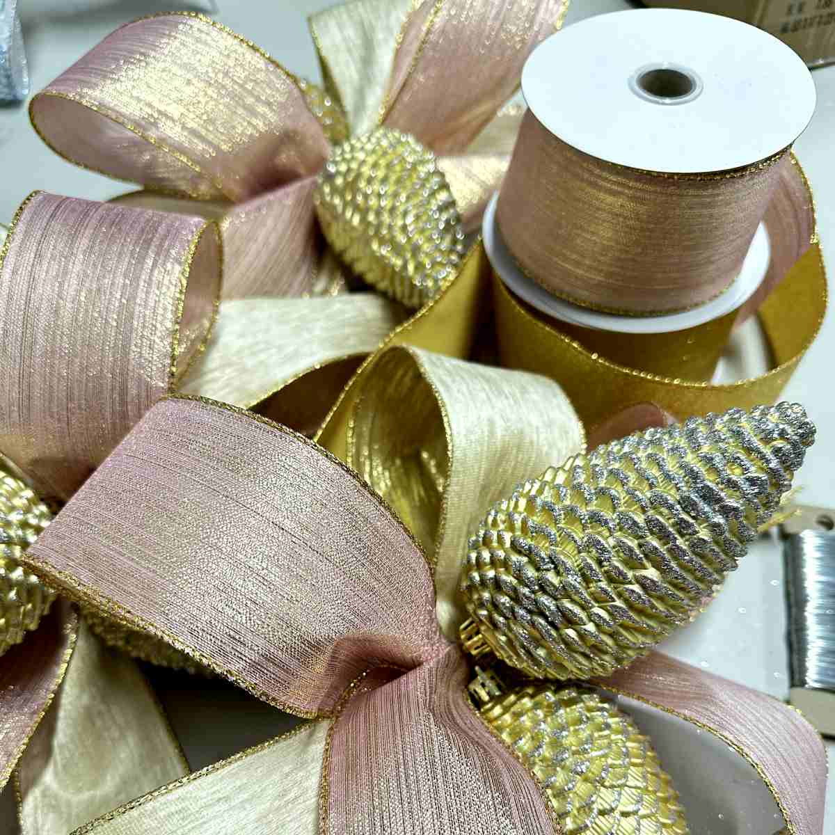 Pink With Gold Edge Ribbon - 10m - Christmas Elves