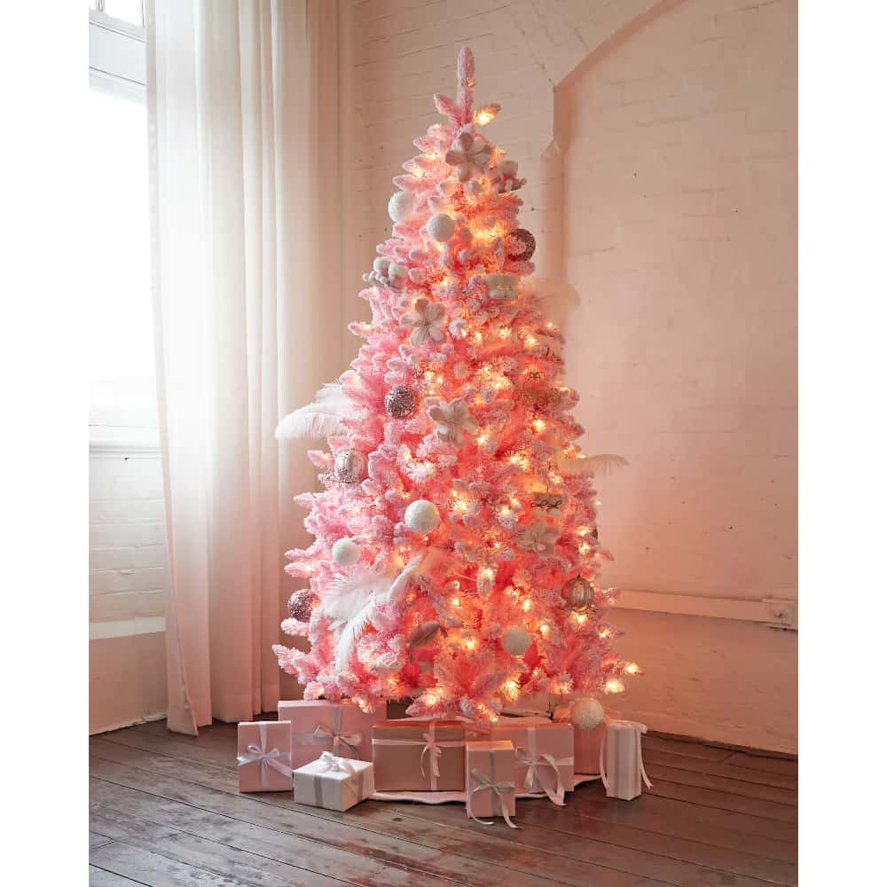 7.5FT (225cm) Pink Passion Prelit Flocked Christmas Tree - Christmas Elves