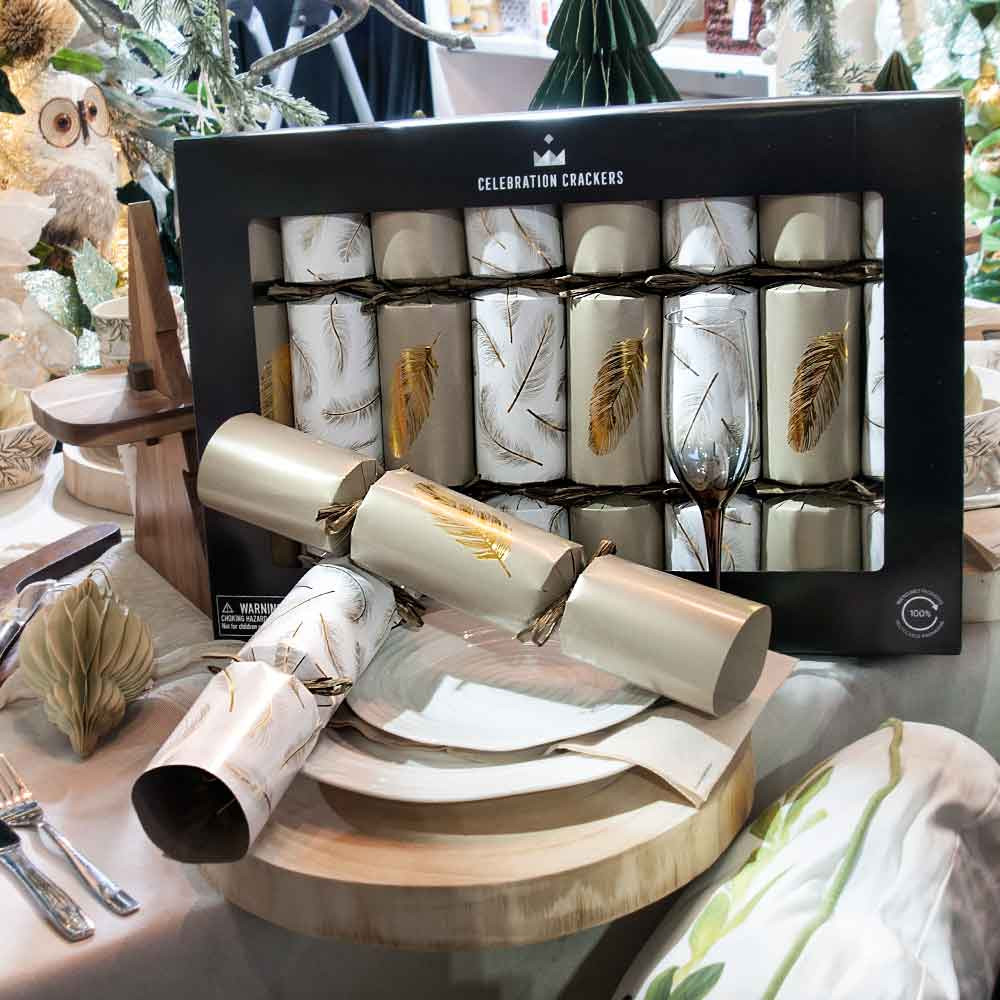 Gold Feather Deluxe Christmas Crackers (Pack of 8) - 35cm - Christmas Elves