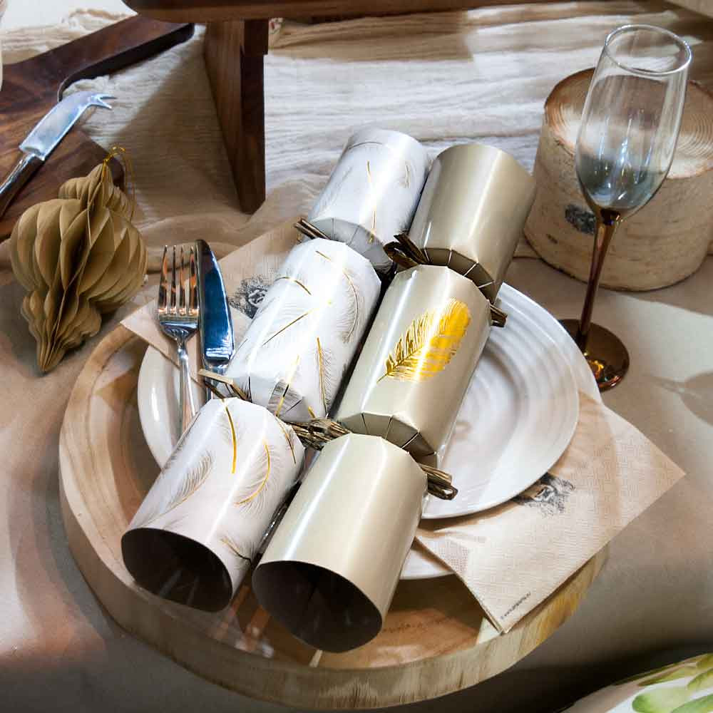 Gold Feather Deluxe Christmas Crackers (Pack of 8) - 35cm - Christmas Elves