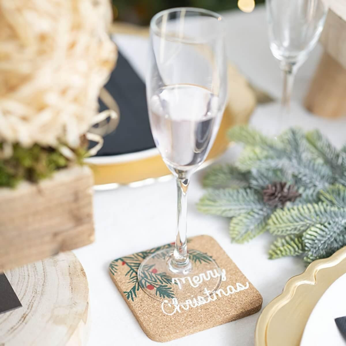 Natural Merry Christmas Square Coaster (Pack of 6) - 10cm - Christmas Elves
