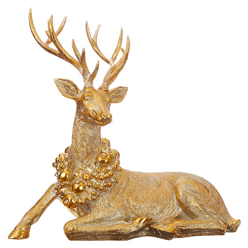 Golden Reindeer sitting with Wreath - 72cm - Christmas Elves