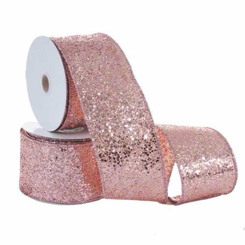 Rose Gold Glitter Ribbon (Wire Edged) - 10m - Christmas Elves