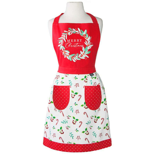 Ladelle Joyfull Red Candy Cane Apron - Adult - Christmas Elves
