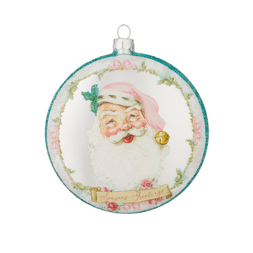 Glass Seasons Greetings Pink Santa Disc Ornament - 10cm - Christmas Elves