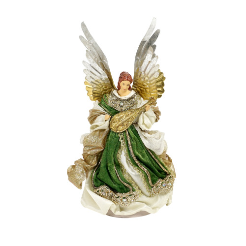 Green Cream Gold Angel with Mandolin - 25cm - Christmas Elves