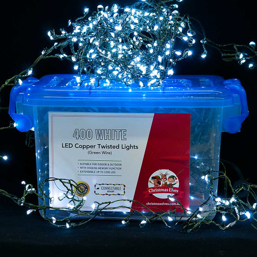 400 LED Copper Twisted Lights White - Green Wire - Christmas Elves