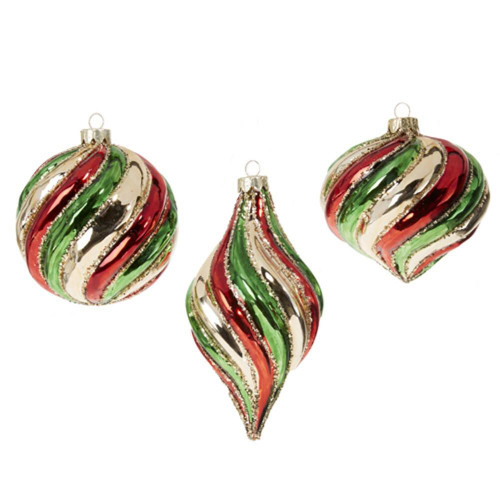 Red Green Gold Swirl Glass Ornament 3 Styles 15cm Christmas Elves
