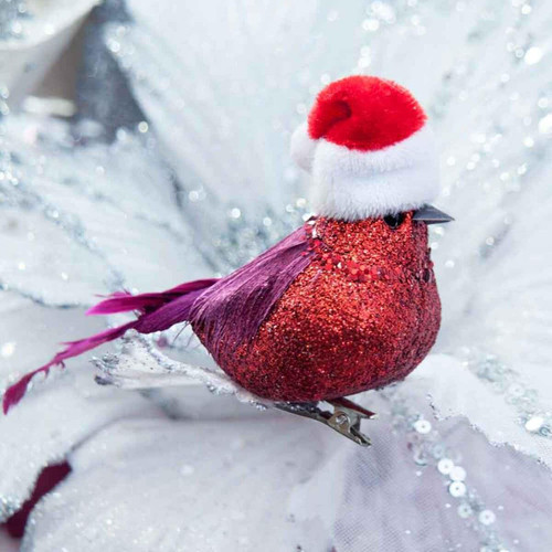 Red Feathered Bird with Christmas Hat - 11cm - Christmas Elves