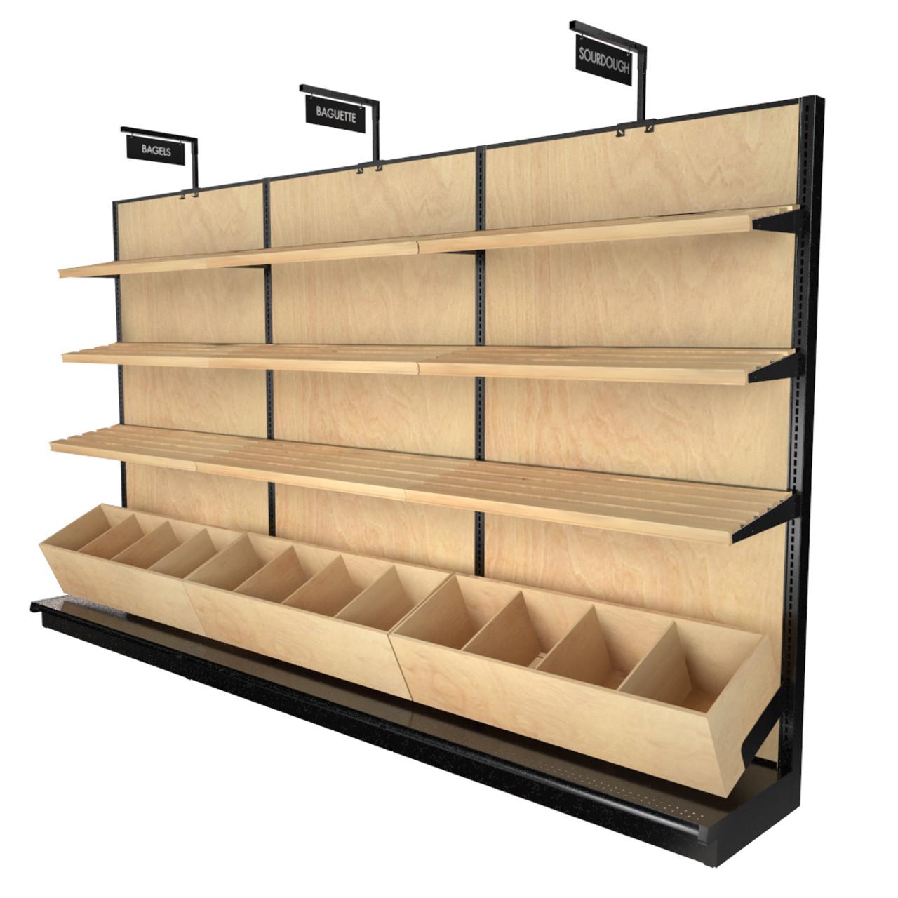 Bread Display Rack Wall Gondola With 12 Wood Slat Shelves | DGS Retail