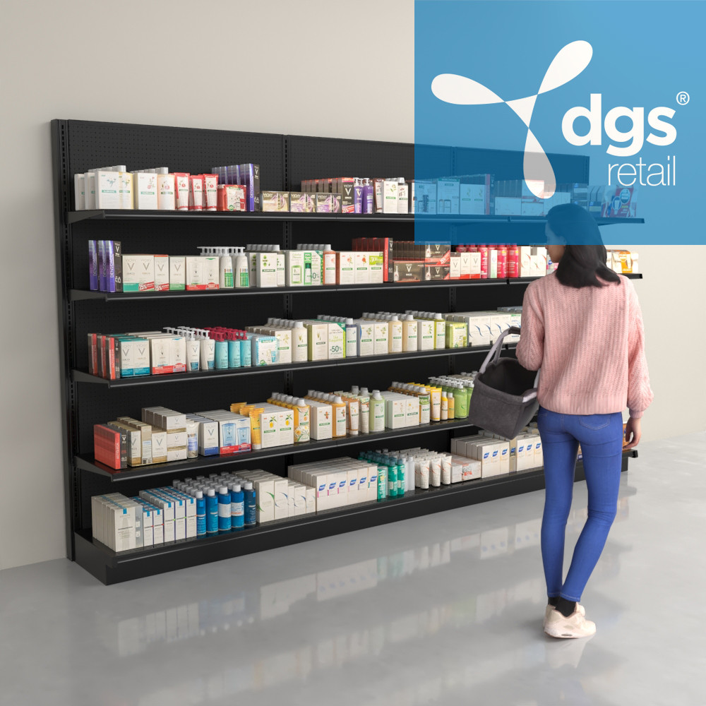 Black Lozier Gondola Wall Display With 15 Shelves On Sale | DGS Retail
