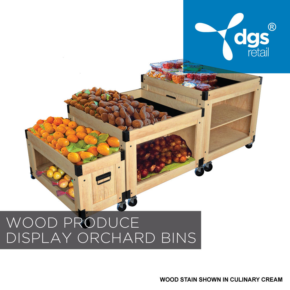 Set of 3 Rolling Wooden Produce Orchard Fruit Display Bins | DGS Retail