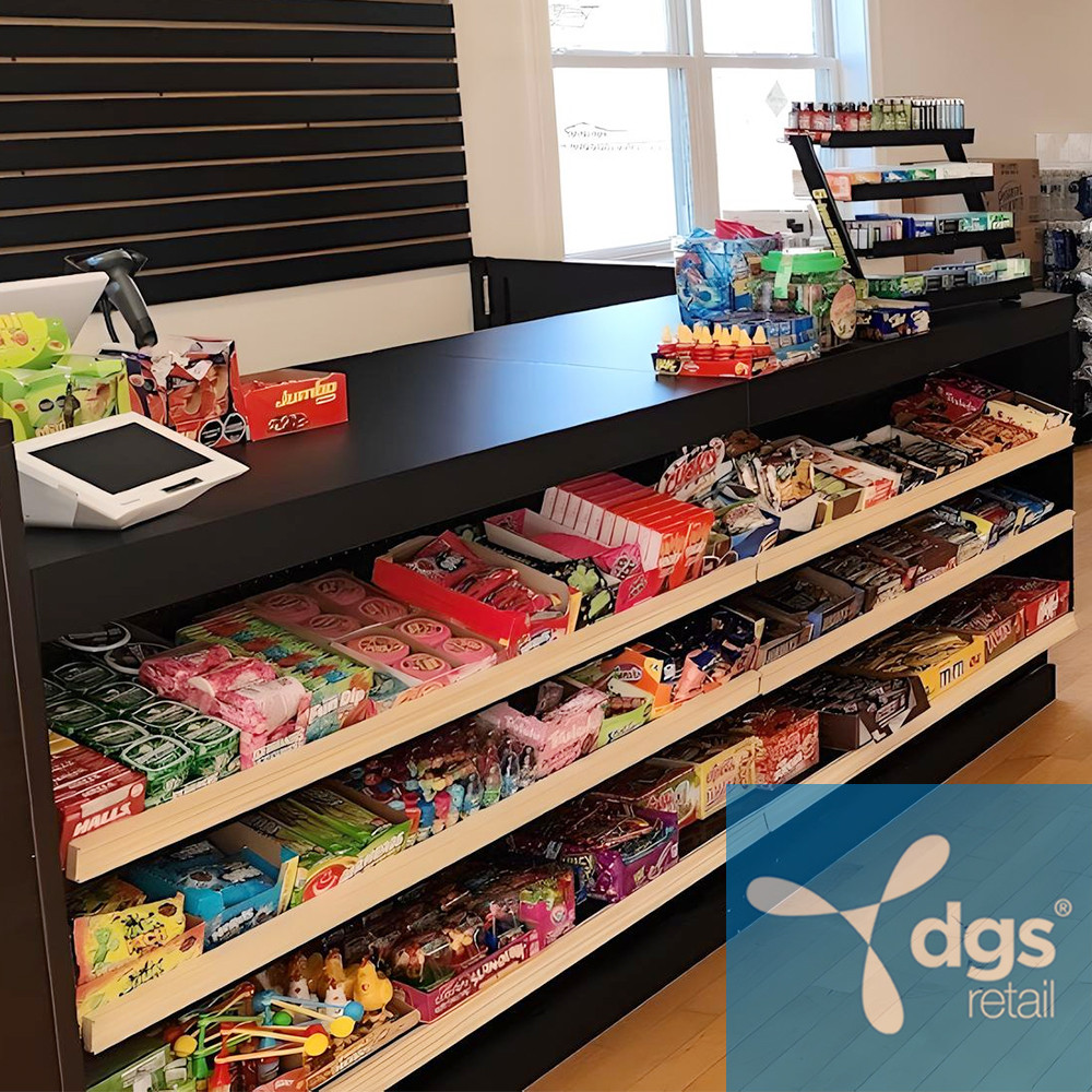 Double-Sided 8FT Lozier Checkout Counter With Shelves On Sale | DGS Retail