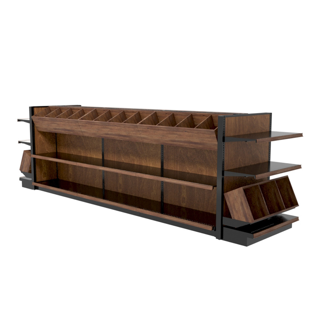 Wooden Liquor Store Shelving Island Display With 26 Shelves & Bins