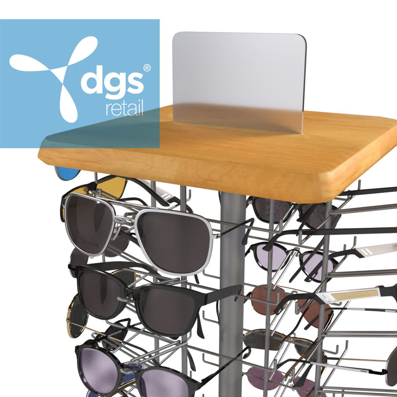 Rotating Countertop Sunglass Display With Mirror And Wood Base 36 Pair Rack