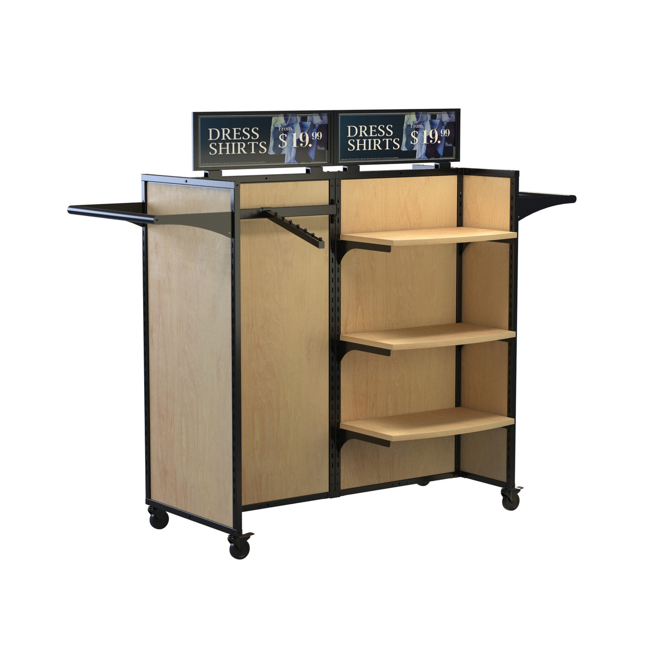 Wood Rolling Gondola 78W 62H — 6 Shelves, 2 Crossbars & 2 Hangbars with ...