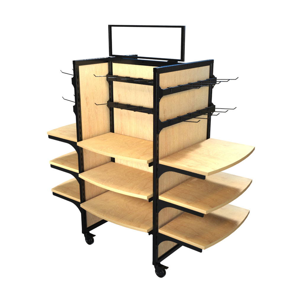 Wood Rolling Gondola 59W 62H – 12 Shelves, 8 Hangbars & 100 Peghooks ...