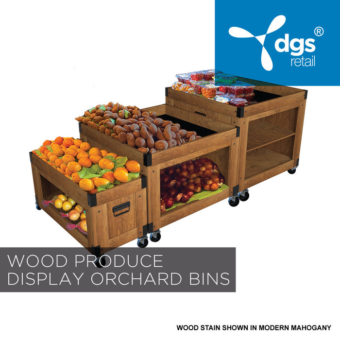 Set of 3 Rolling Wooden Produce Orchard Fruit Display Bins | DGS Retail