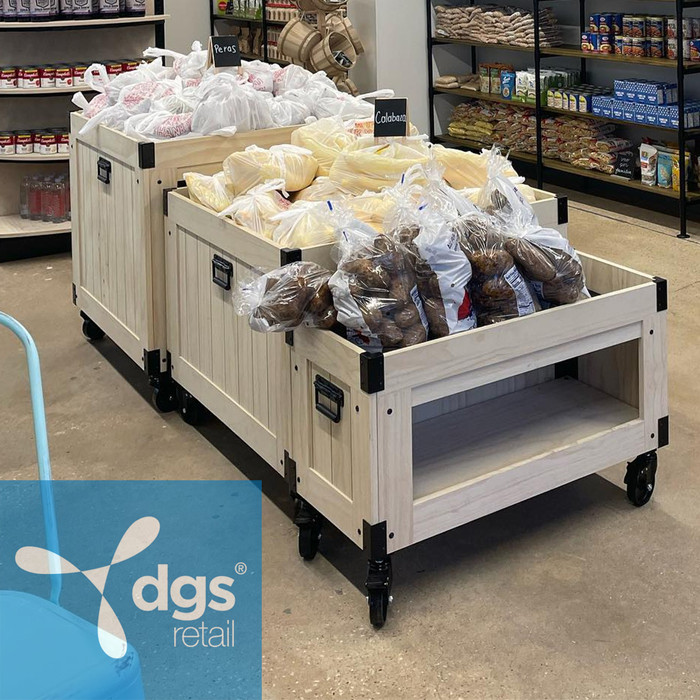 Set of 3 Rolling Wooden Produce Orchard Fruit Display Bins | DGS Retail