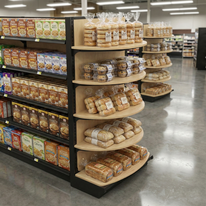 Bakery Display Gondola End Cap With 5 Round Wood Shelves | DGS Retail