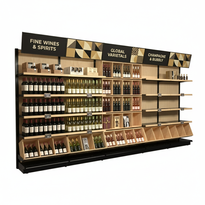 Liquor Store Feature Wall Display With Header, 25 Adjustable Wood ...