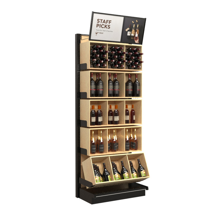 Liquor & Wine Wall Merchandising Display With Header & 5 Wood Bin ...