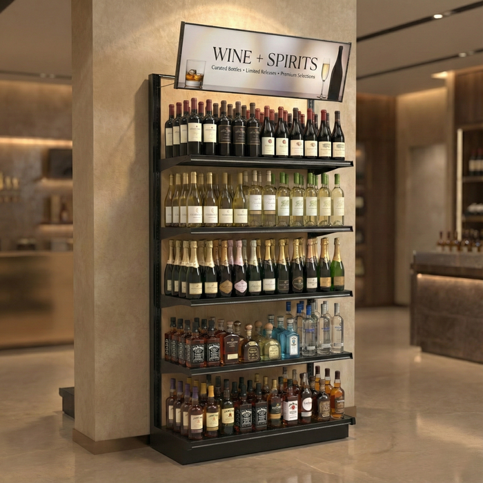 Wine & Spirits Wall Shelving Display With Header, 48"W × 96"H | DGS Retail