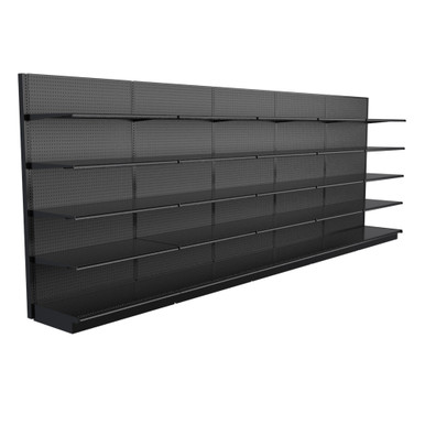 Black Retail Gondola Shelving - 20ft Wide, 84"H, 25"D, 25 Shelves